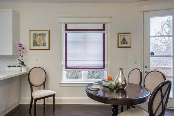 Custom Roman Shade, Flat Roman Shade with valance, " White and Plum bo ...