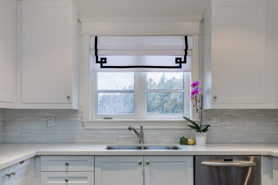 Grey Border Flat Linen Roman Shade with Greek Key Design – LOGANOVA Shades