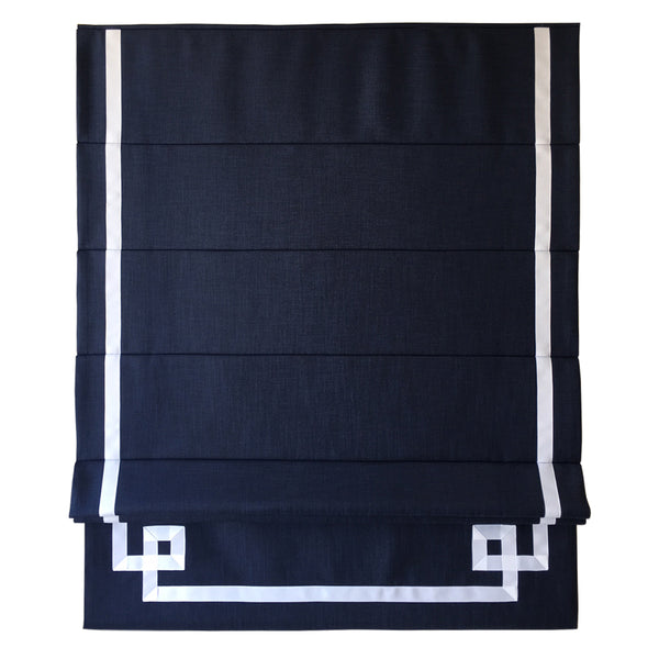Dark Blue Flat Linen Roman Shade with Greek Key Design – LOGANOVA Shades